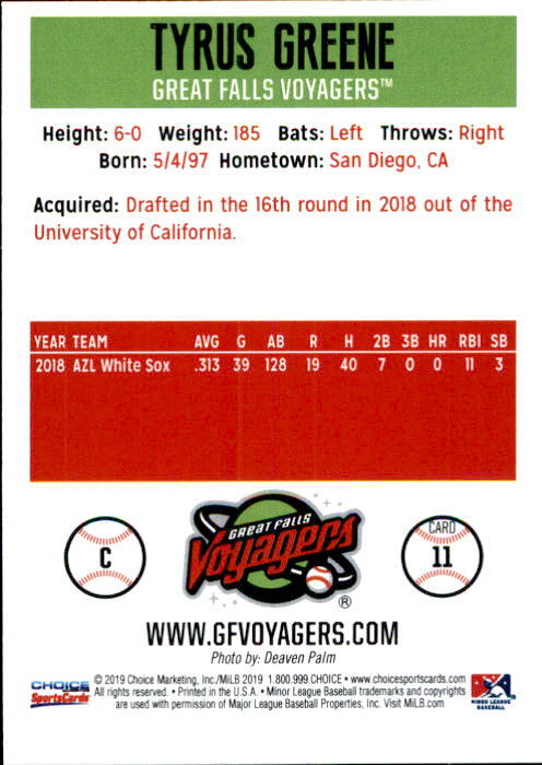 2019 Great Falls Voyagers Choice #11 Tyrus Greene San Diego California ...