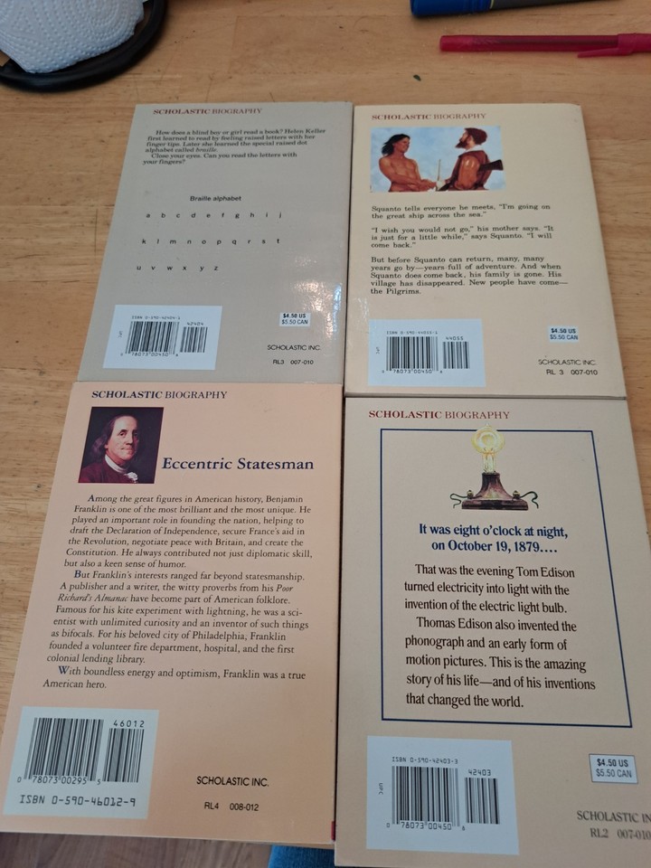 Vintage Scholastic Biography Book Lot 4 Edison Helen Keller Squanto Ben ...