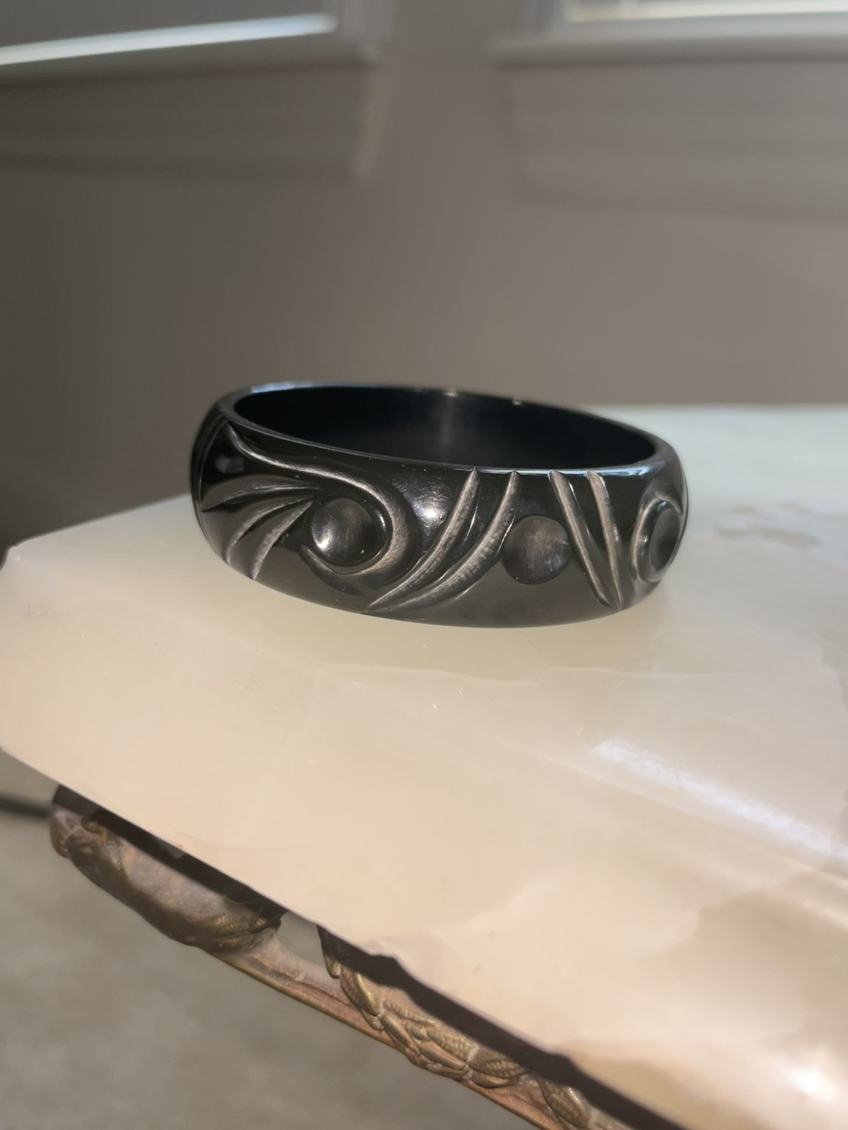 Carved Black Bakelite Bangle Bracelet - Gem