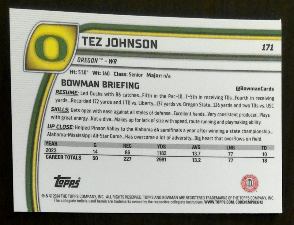 2024 Bowman Chrome U Tez Johnson RC #171 Oregon Ducks 1st Bowman | eBay