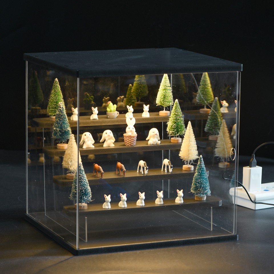 Clear Acrylic Display Case LED 4 Tier Dustproof Assemble Cube Display ...