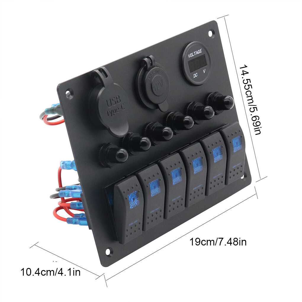 12V Marine Switch Panel 6 Gang ON-Off Rocker Switch Panel Voltmeter QC3 ...