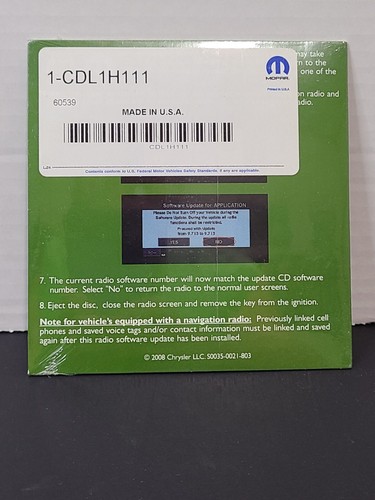 Chrysler Mopar 2008 MyGIG Radio Software Update CD 60539 1-CDL1H111 NOS ...