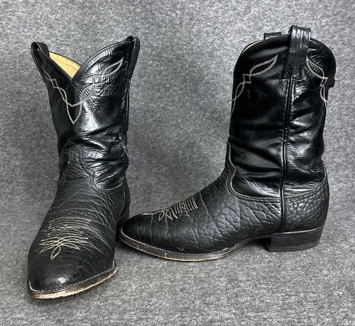 VTG Tony Lama Bullhide Roper Boots Mens 9.5 EE WIDE Black Leather ...