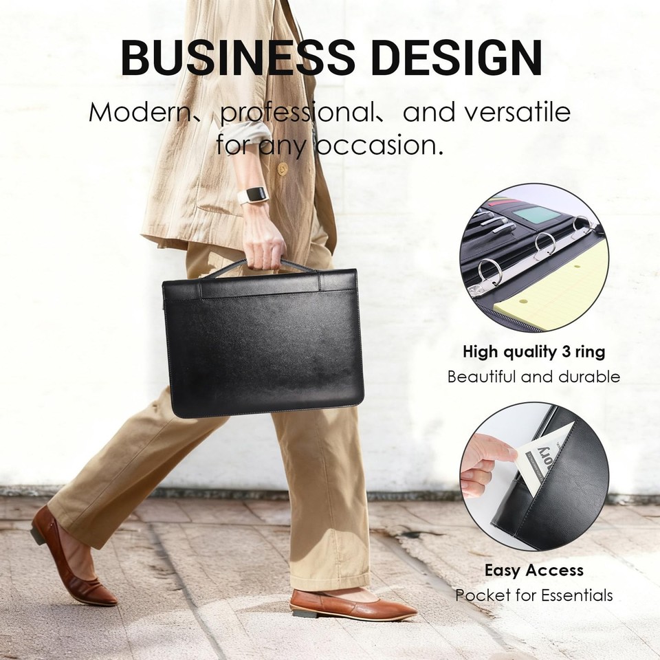 Faux Leather Portfolio with Handle – 3-Ring Padfolio Organizer for 13.9 ...