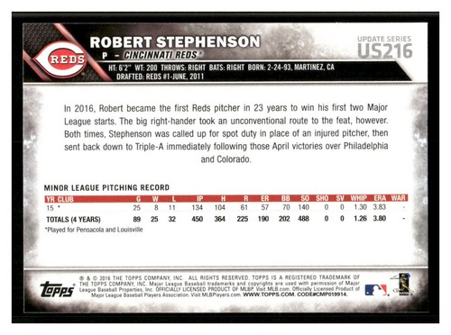 2016 Topps Update #US216a Robert Stephenson Cincinnati Reds Baseball ...