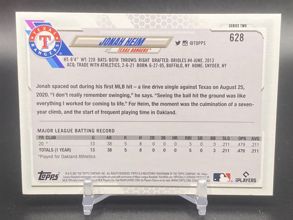 2021 Topps #628 RC Jonah Heim Texas Rangers ROOKIE Baseball Card MLB | eBay