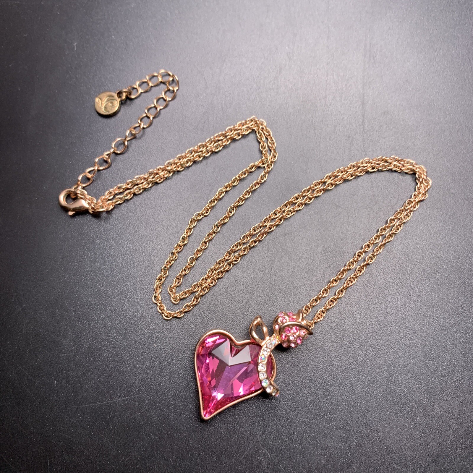 Dainty Pink Rhinestone Heart Flower Pendant Necklace Rose Gold Tone AB ...