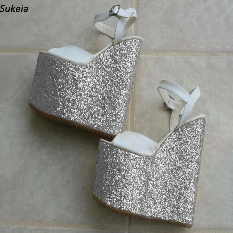 Silver Glitter Wedge Sandals Paradox London Navy Wide Fit Glitter