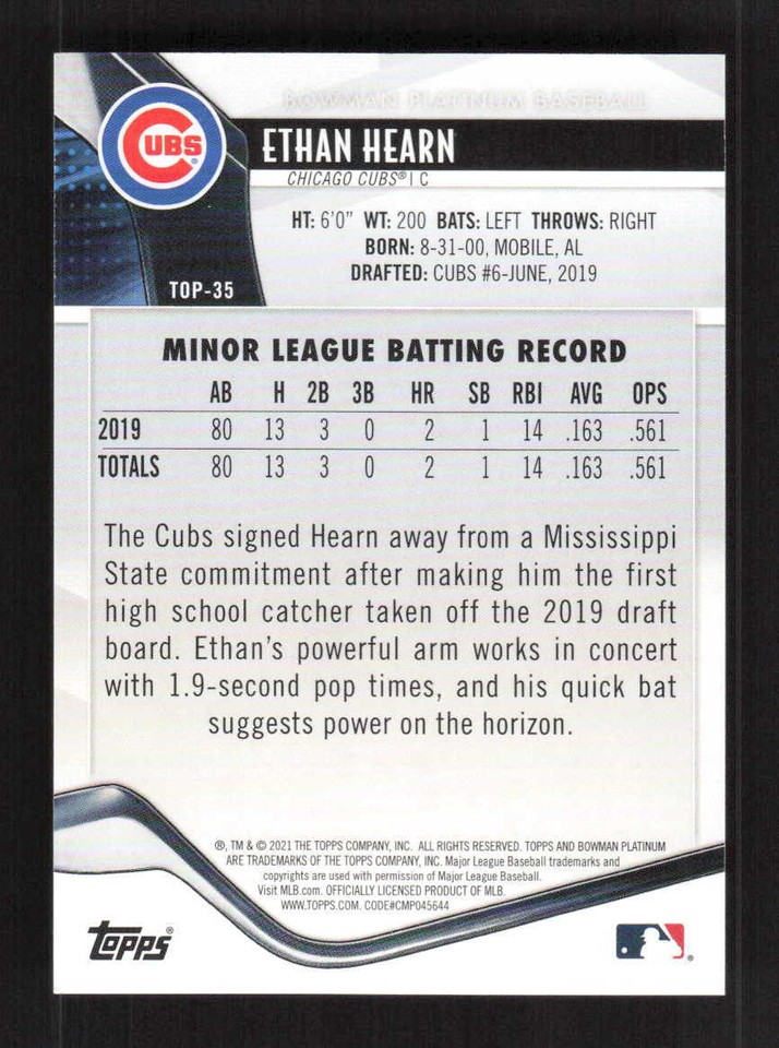 Ethan Hearn 2021 Bowman Platinum Top Prospects Blue Chicago Cubs #/150 ...