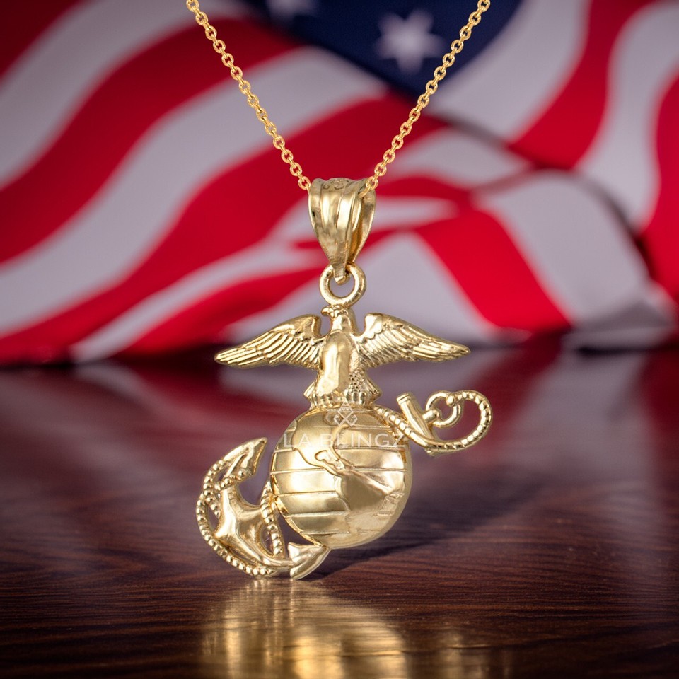 Gold US Marine Corps USMC Charm Necklace Women's size (Yellow, White ...