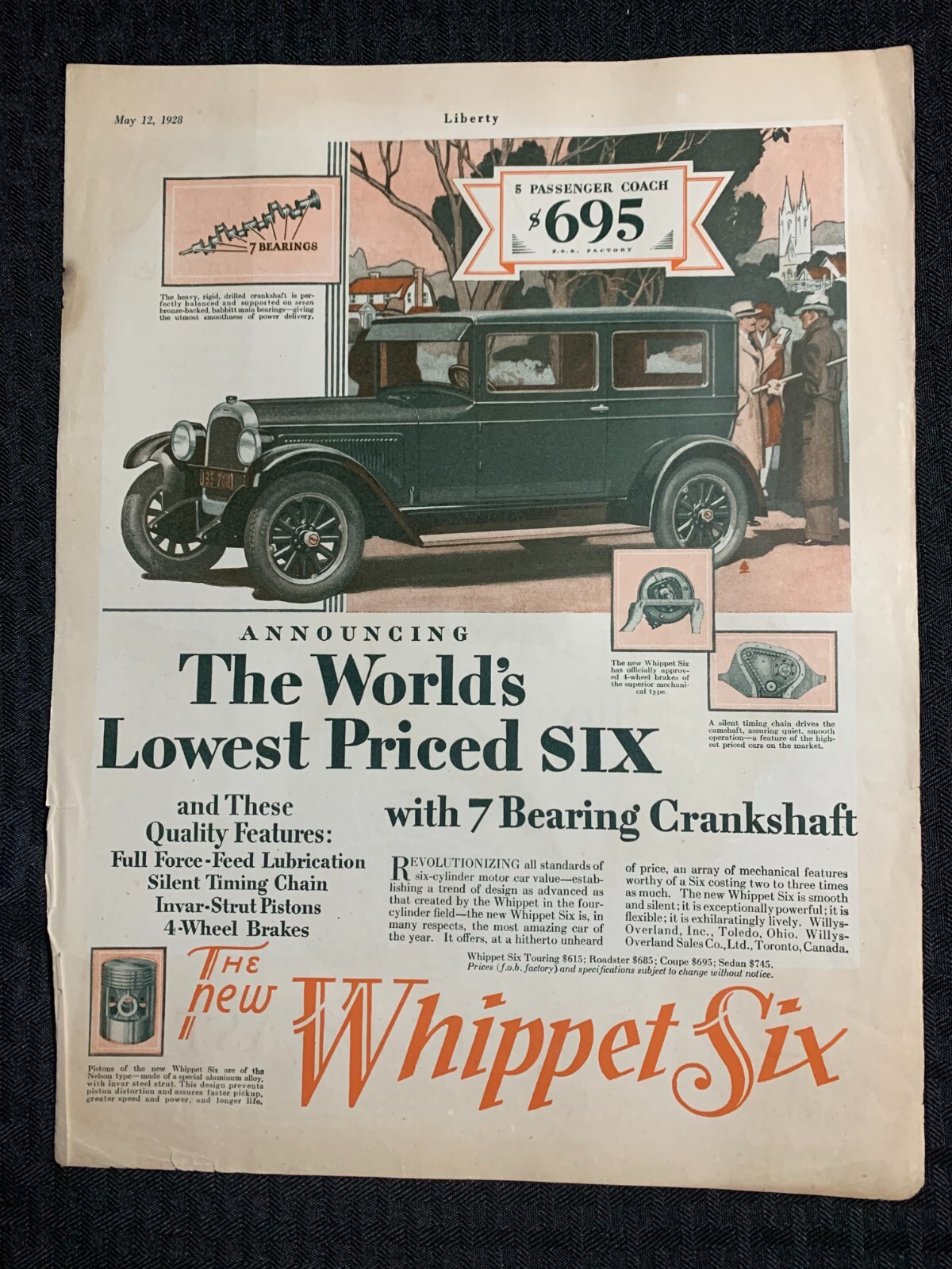 1928 NEW WHIPPET SIX 10x14" Automotive Print Ad VG 4.0 World's Lowest ...