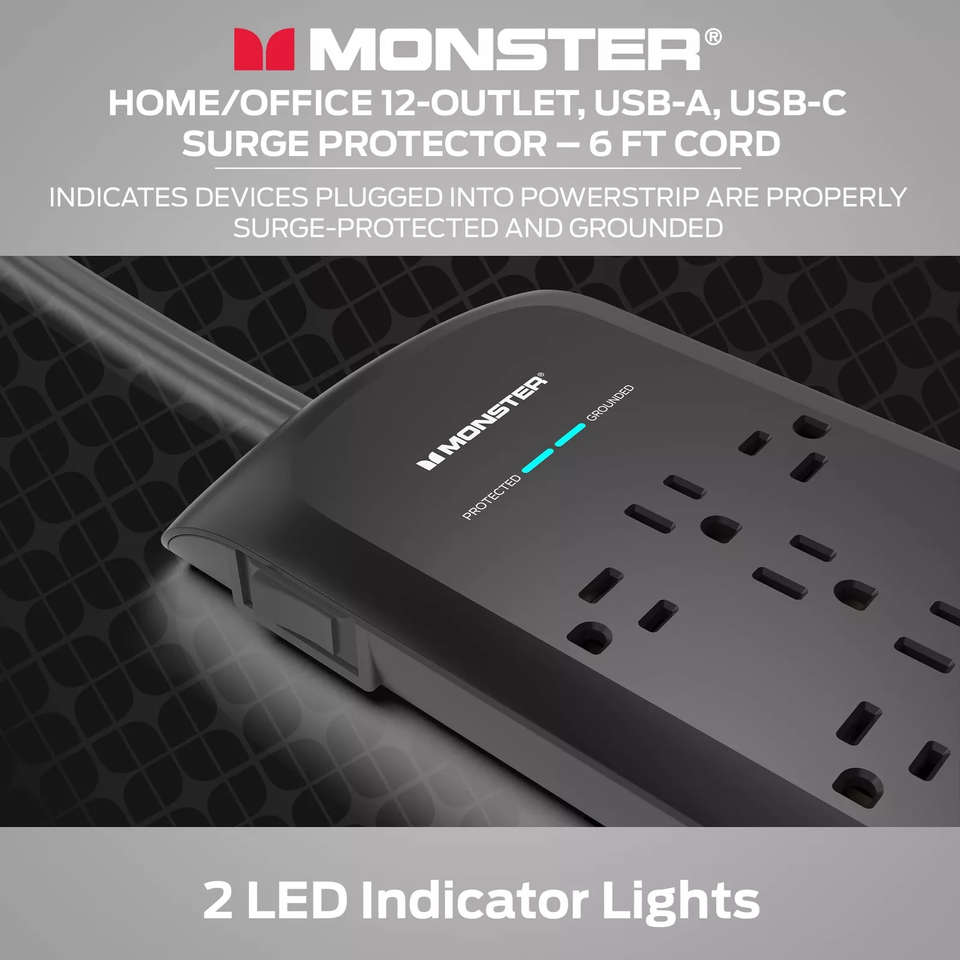 Monster Black Heavy Duty Surge Protector Power Strip 6 ft Cord with 12 ...