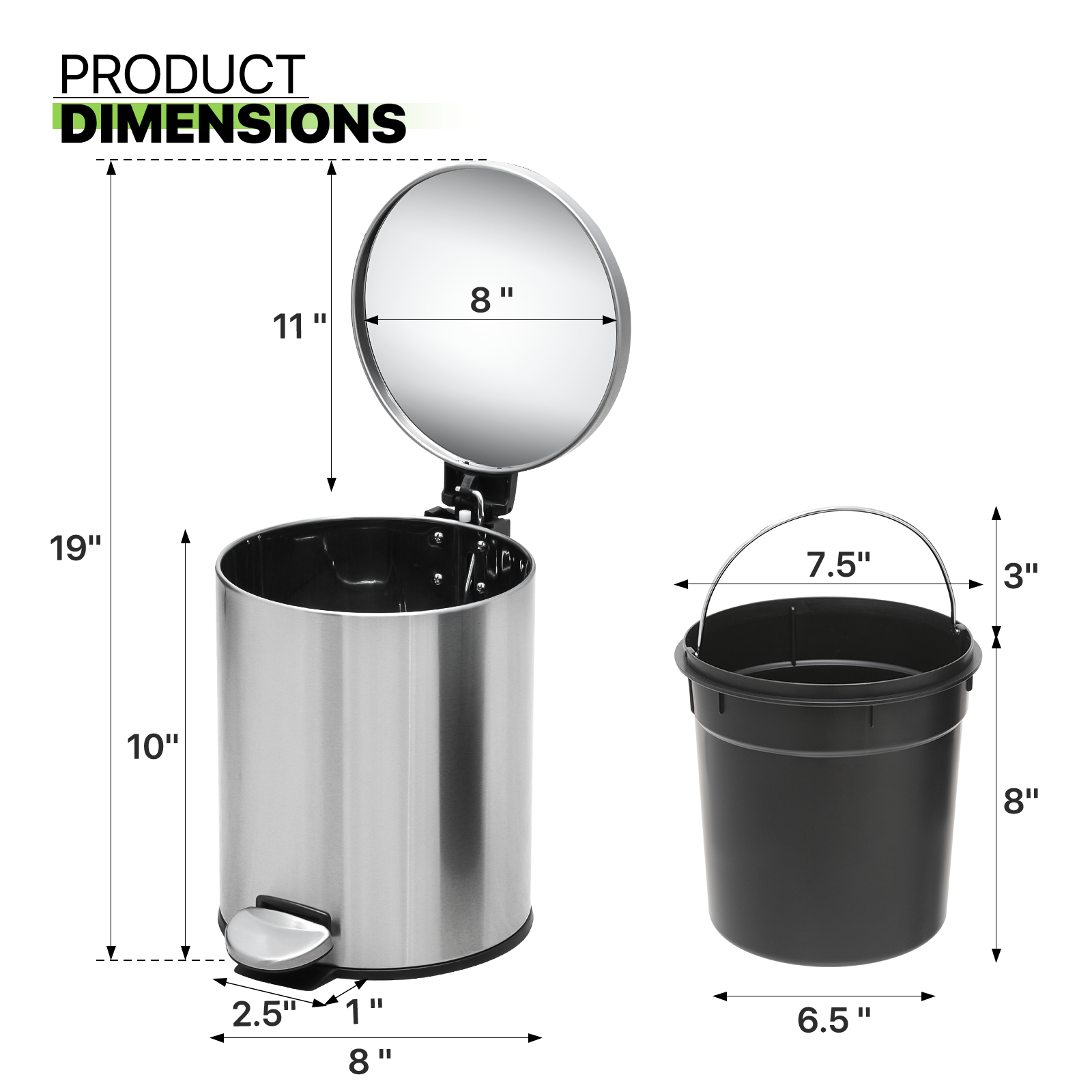 Cylinder Step On Trash Can 5L Office Stainless Steel Dustbin Kitchen ...