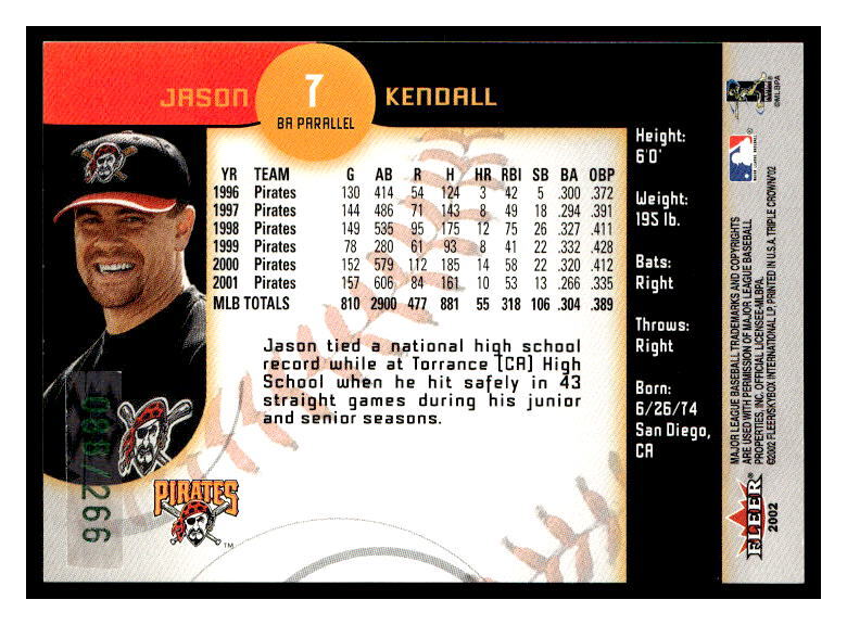 2002 Fleer Triple Crown #7 Jason Kendall Batting Average Parallel #/266 ...
