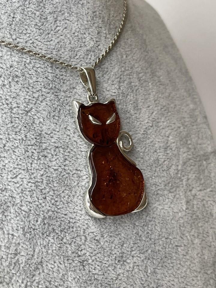 Baltic AMBER Stone CAT Pendant.COGNAC AMBER Cat PENDANT with Sterling ...