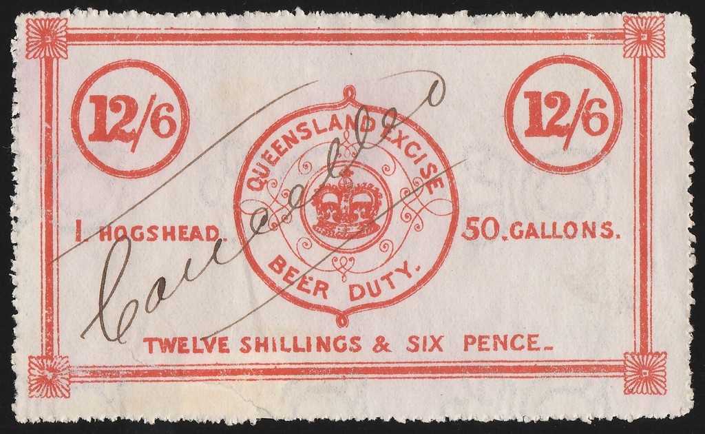 QUEENSLAND Beer Duty 1902 Beer in Kegs 12/6 Hogshead, Specimen ...