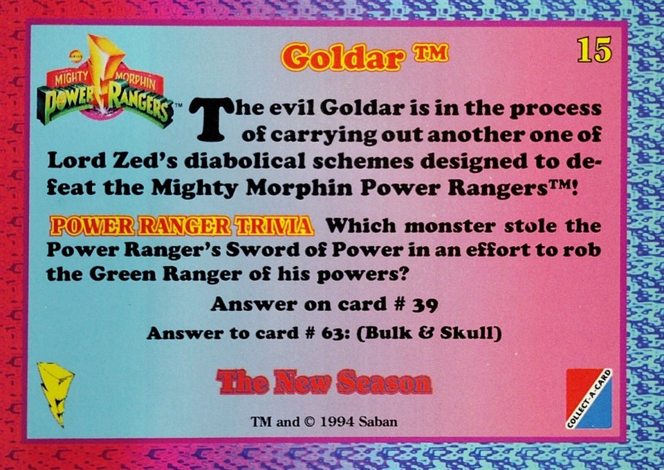 Mighty Morphin POWER RANGERS The New Season 1994 SABAN Card 15, GOLDAR ...