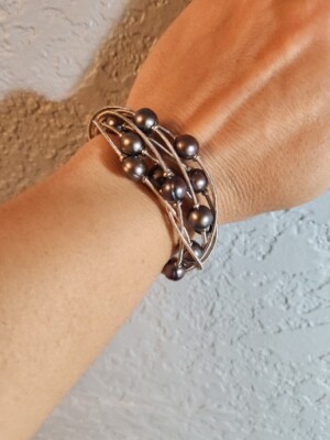 Multi-Strand 925 Sterling Silver Black Pearls Beaded Bracelet Magnetic ...