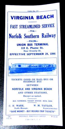 NORFOLK SOUTHERN RAILRWAY VIRGINIA BEACH PUBLIC TIMETABLE SEPTEMBER 29 ...