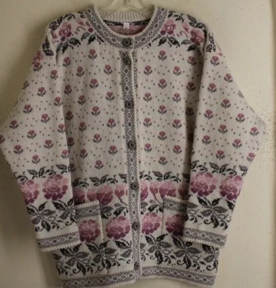 Estate Norwegian Scandinavian Wool Folk Floral Cardig… - Gem