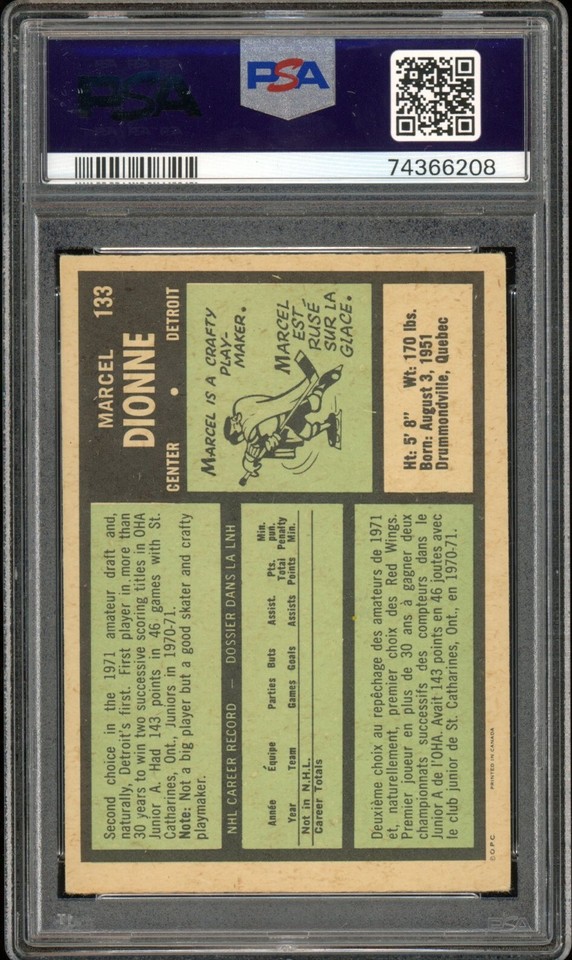 1971-72 O-PEE-CHEE Hockey #133 Marcel Dionne HOF Rookie PSA 5 EX Red ...