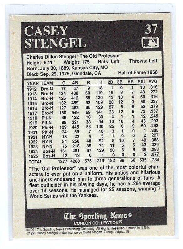 1991 Colon Collection TSN Baseball #37 - CASEY STENGEL - Boston Braves ...