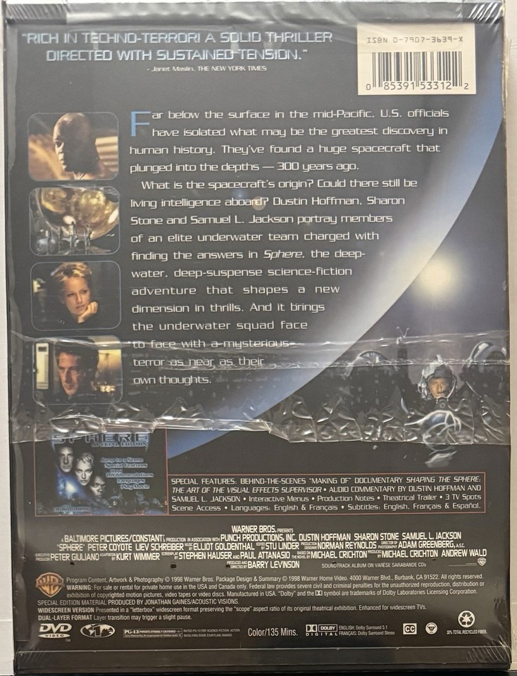 Sphere (DVD, 1998) Dustin Hoffman Sharon Stone Samuel L Jackson NEW ...