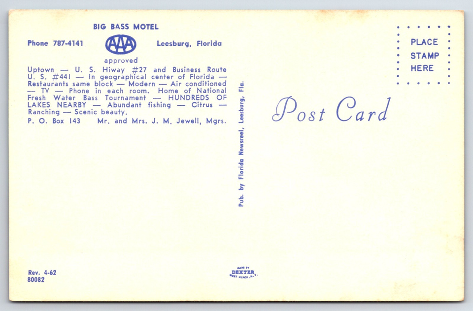 VINTAGE PHOTO POSTCARD OLD ANTIQUE IMAGE BIG BASS MOTEL SIGN LEESBURG ...