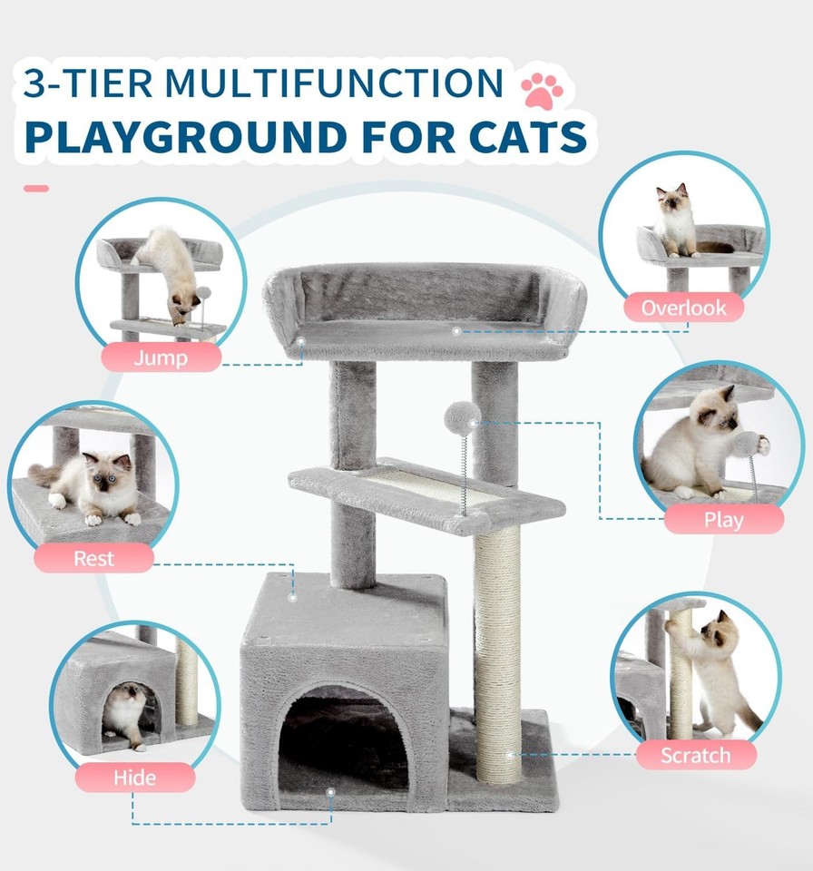 Made4Pets Cat Tree, Carpet Cat Tower Grey for Indoors Cats, Cute Wood ...