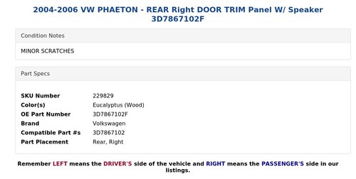 2004-2006 VW PHAETON - REAR Right DOOR TRIM Panel W/ Speaker 3D7867102F ...