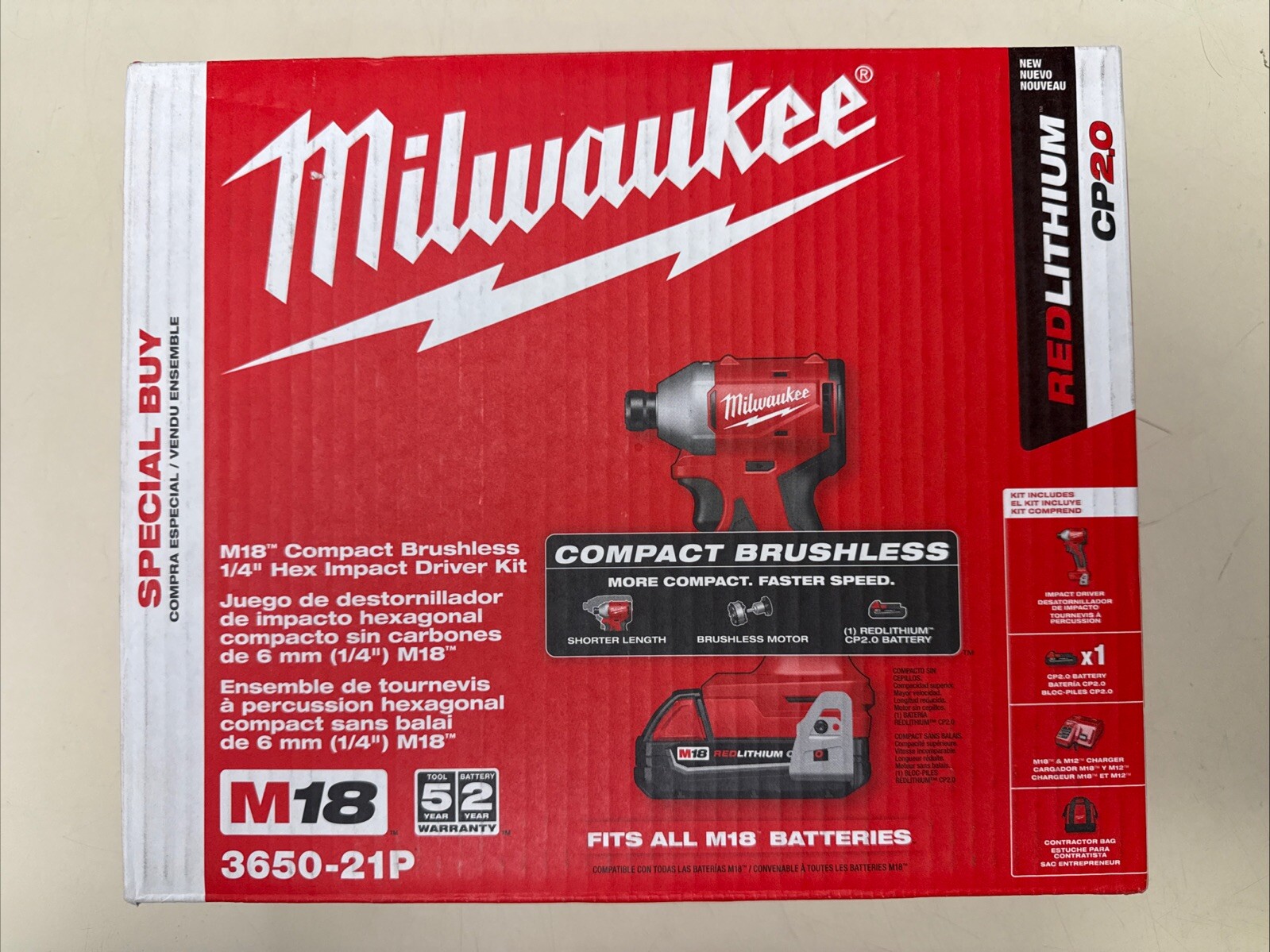 Milwaukee 3650-21P M18 Compact Brushless 1/4” Hex Impact Driver Kit NEW ...