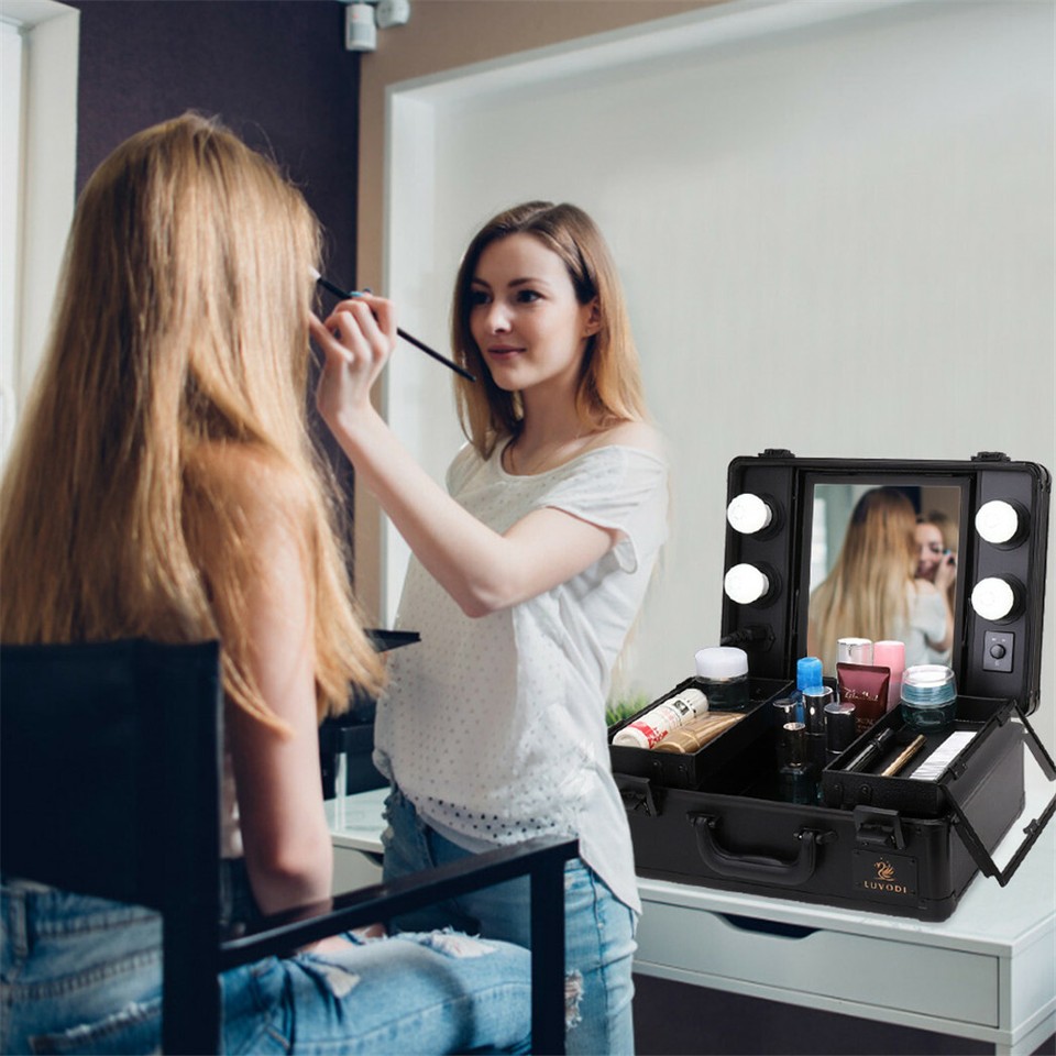 Lockable Makeup Case LED Lighted Table Desk Vanity Mirror 2-Tier Tray ...