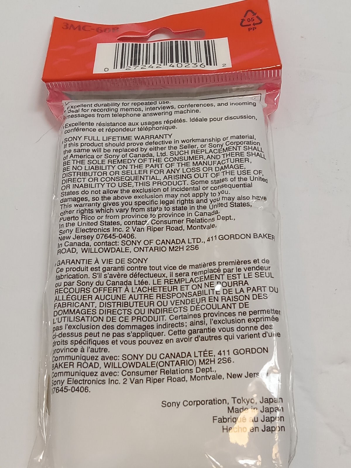 Sony Mc-60 Mc60 Microcassette Blank Cassette Tape Disc 60 Min 3 Pcs ...