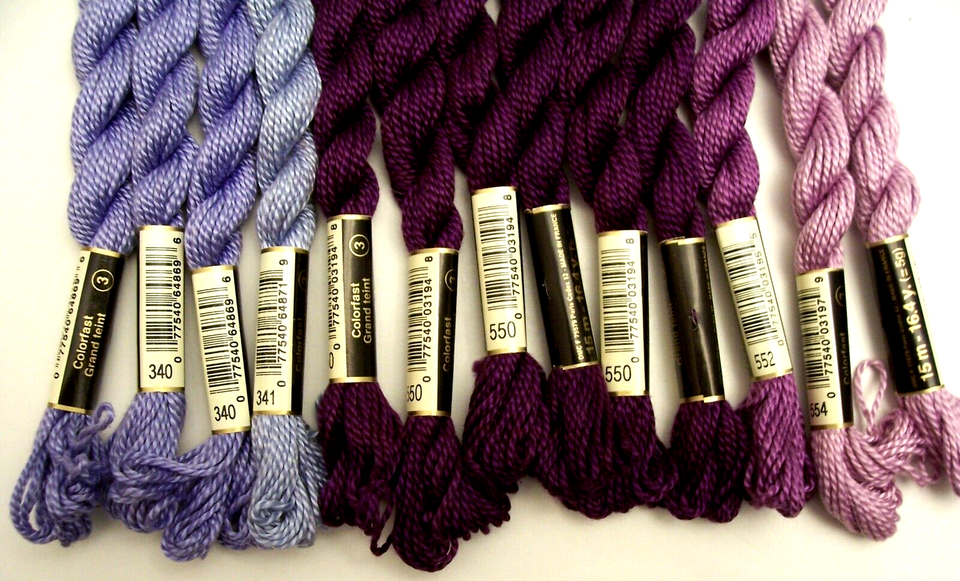 LOT OF 13 ASSORT PURPLE DMC PERLE PEARL COTTON SIZE 3 EMBROIDERY ...