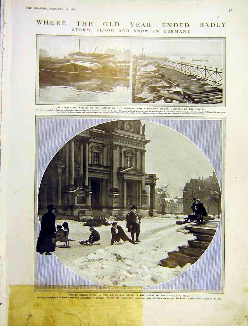 Old Antique Print Stralsund Boat Floods Railway Damage Berlin Snow 1914 ...
