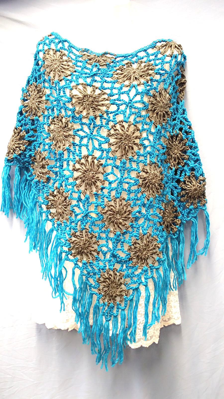 Premium Turquoise Blue Crochet Bat Wing Poncho Gray Floral Knitting ...