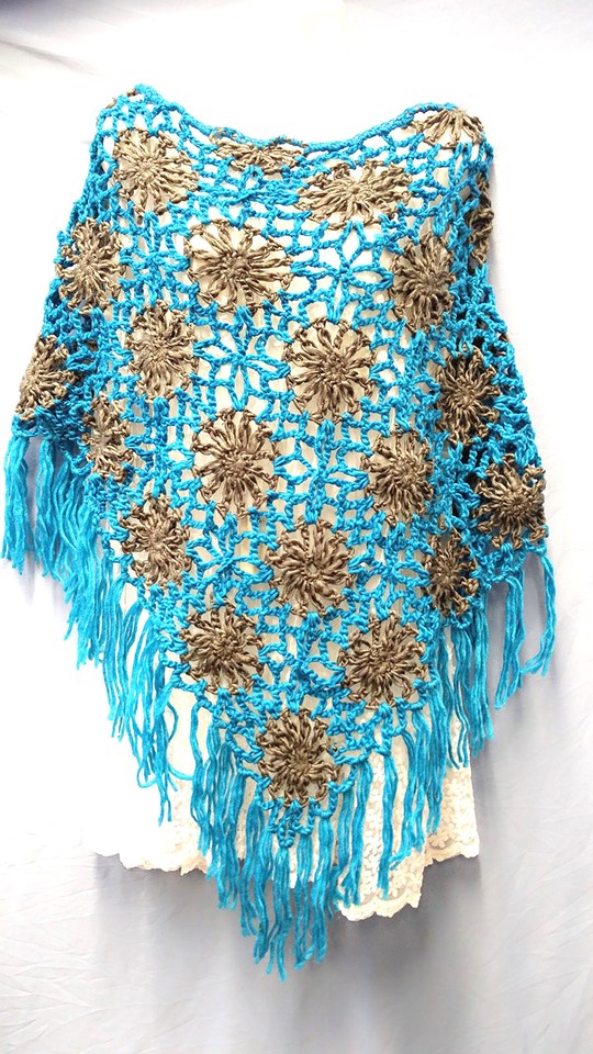 Premium Turquoise Blue Crochet Bat Wing Poncho Gray Floral Knitting ...