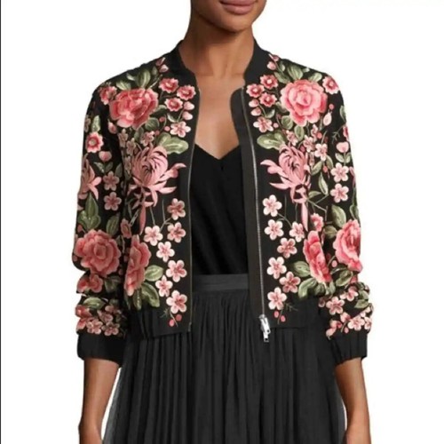 Needle & Thread Floral Embroidered Floral Bomber Jacket Size 2_Pink and Black | eBay