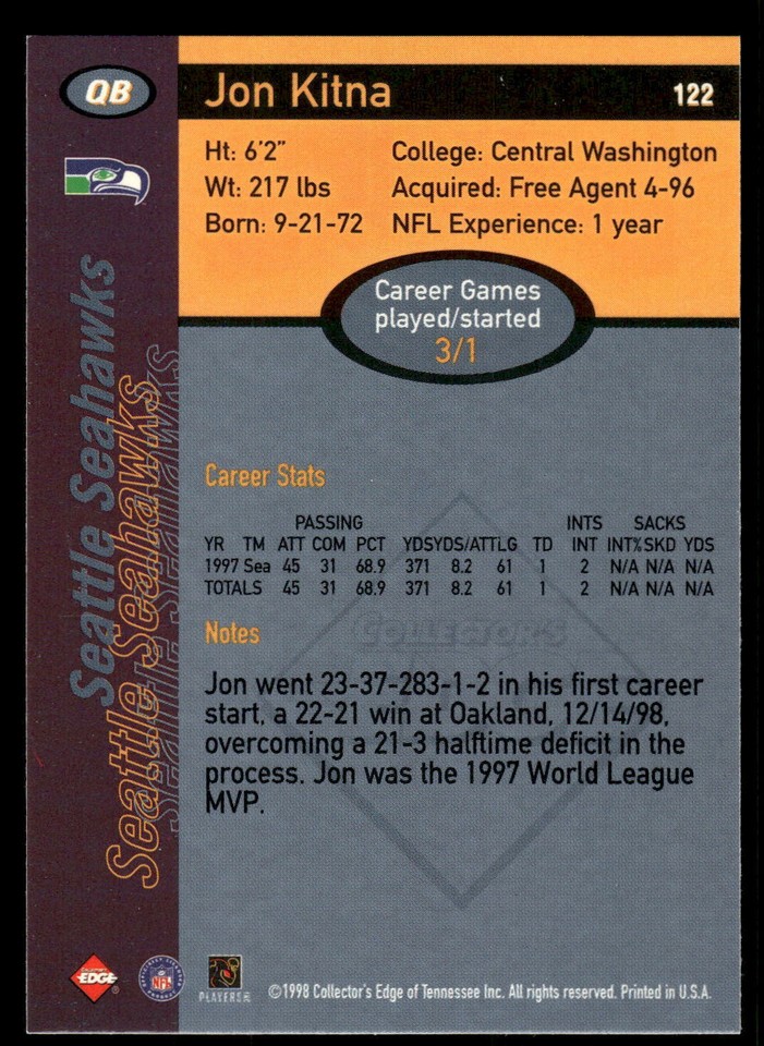 1998 Collector's Edge First Place #122 Jon Kitna Seattle Seahawks ...