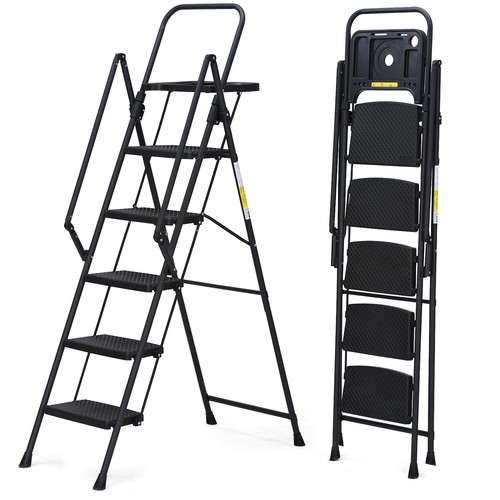 Portable 5-Step Ladder, Steel Construction with Compact Foldable Stool ...