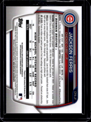 2023 Bowman Jackson Ferris Chrome Prospect Auto Refractor 1st #325/499 ...