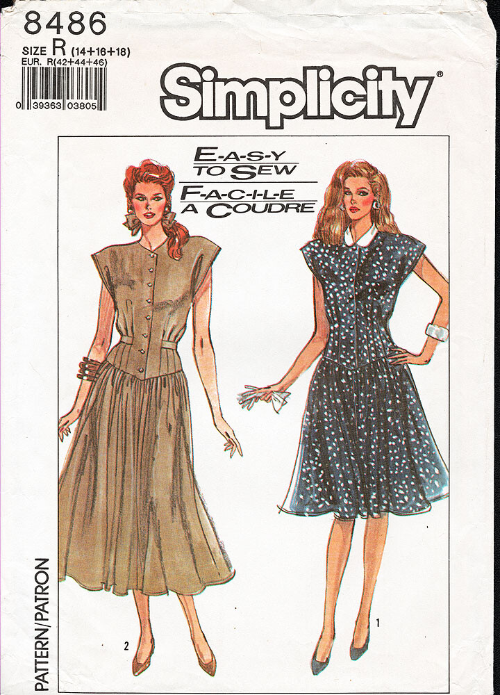 Simplicity 8486; ©1988; Easy to Sew Gathered Bodice Dress Size 14-16 ...