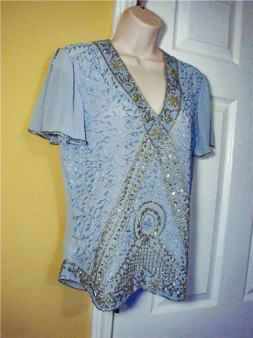 TOGETHER SHEER LIGHT BLUE SILVER BEADED TOP WITH FLUTTER SLEEVES $99 ...