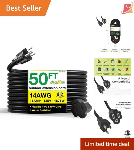 50ft Outdoor Extension Cord 14/3 Heavy Duty Black Molded Plug Power ...
