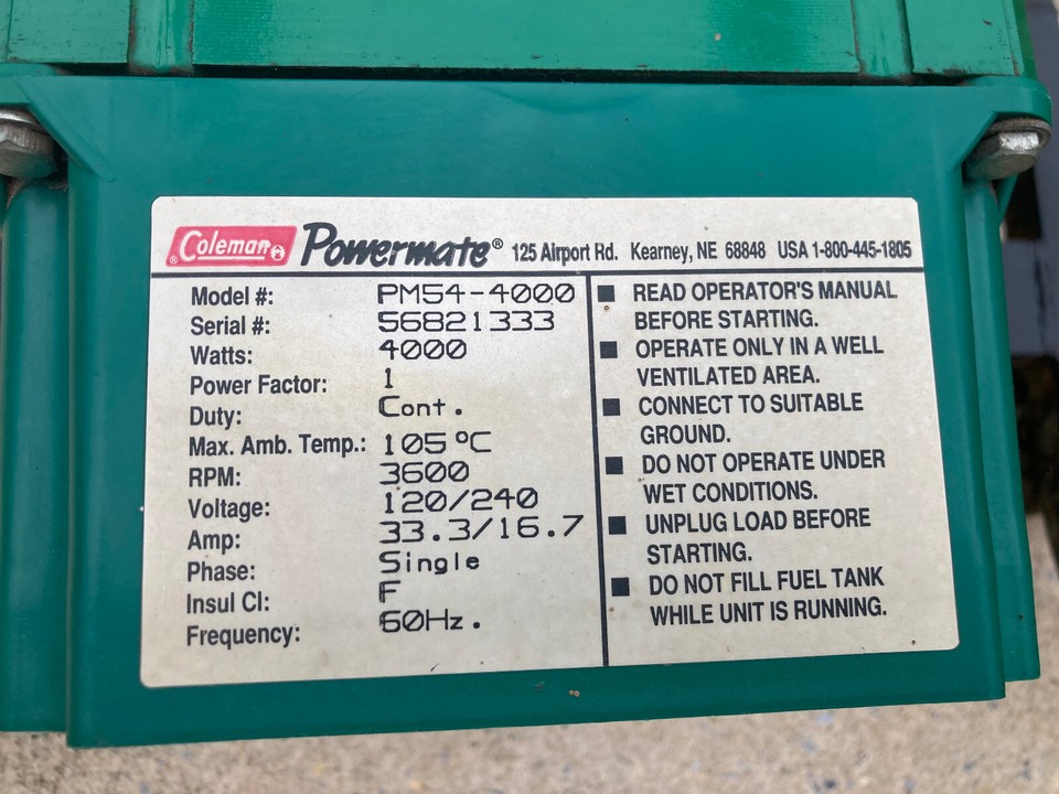 Coleman Powermate generator 8hp 4000 Watt 54 SERIES | eBay
