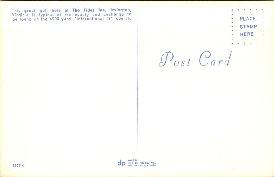 Postcard VA Irvington; The Tides Inn; Golf Course; "International 18 ...