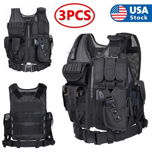 3PCS Military Tactical Vest with Gun Holster Molle Police Assault ...