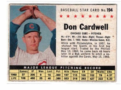 1961 Post #194, Don Cardwell, Chicago Cubs, Box, No Creases | eBay