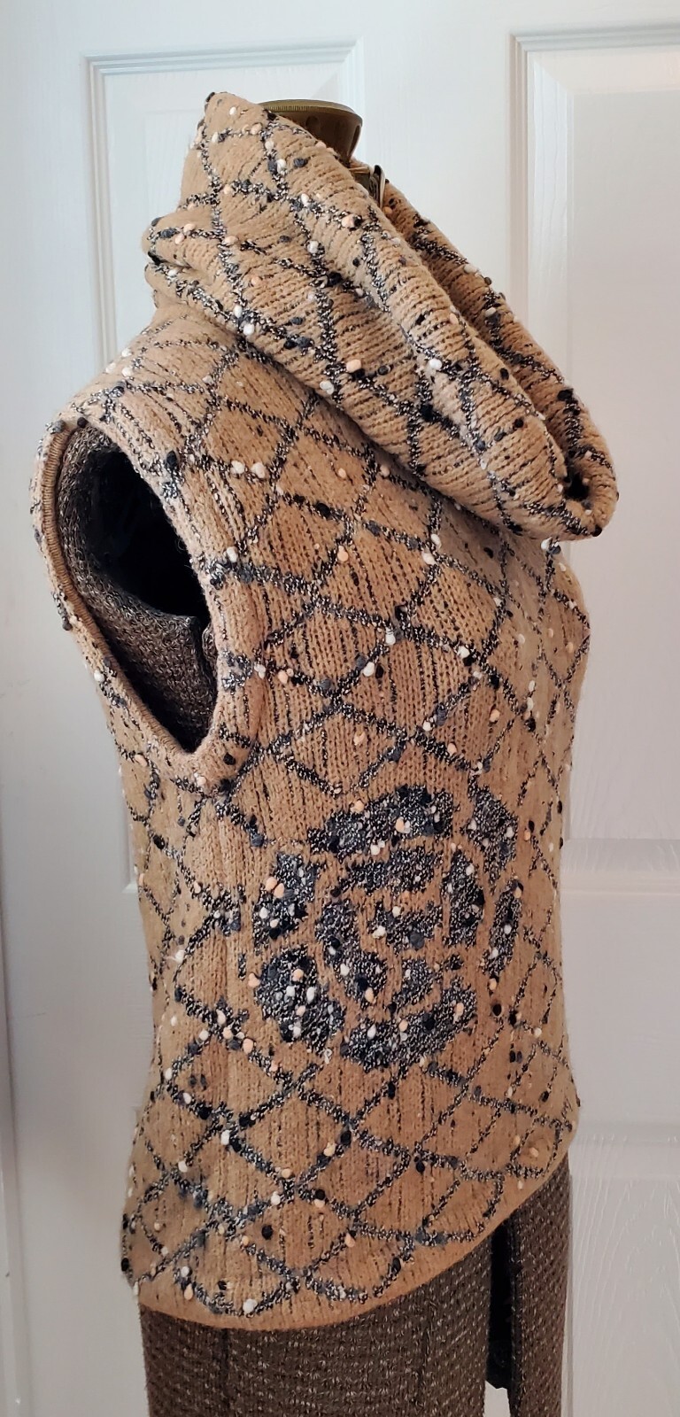 AUTH "COCO" CHANEL TAN/MULTI KNIT BOULCE WOOL BLEND COWLNECK CAMELIA ...